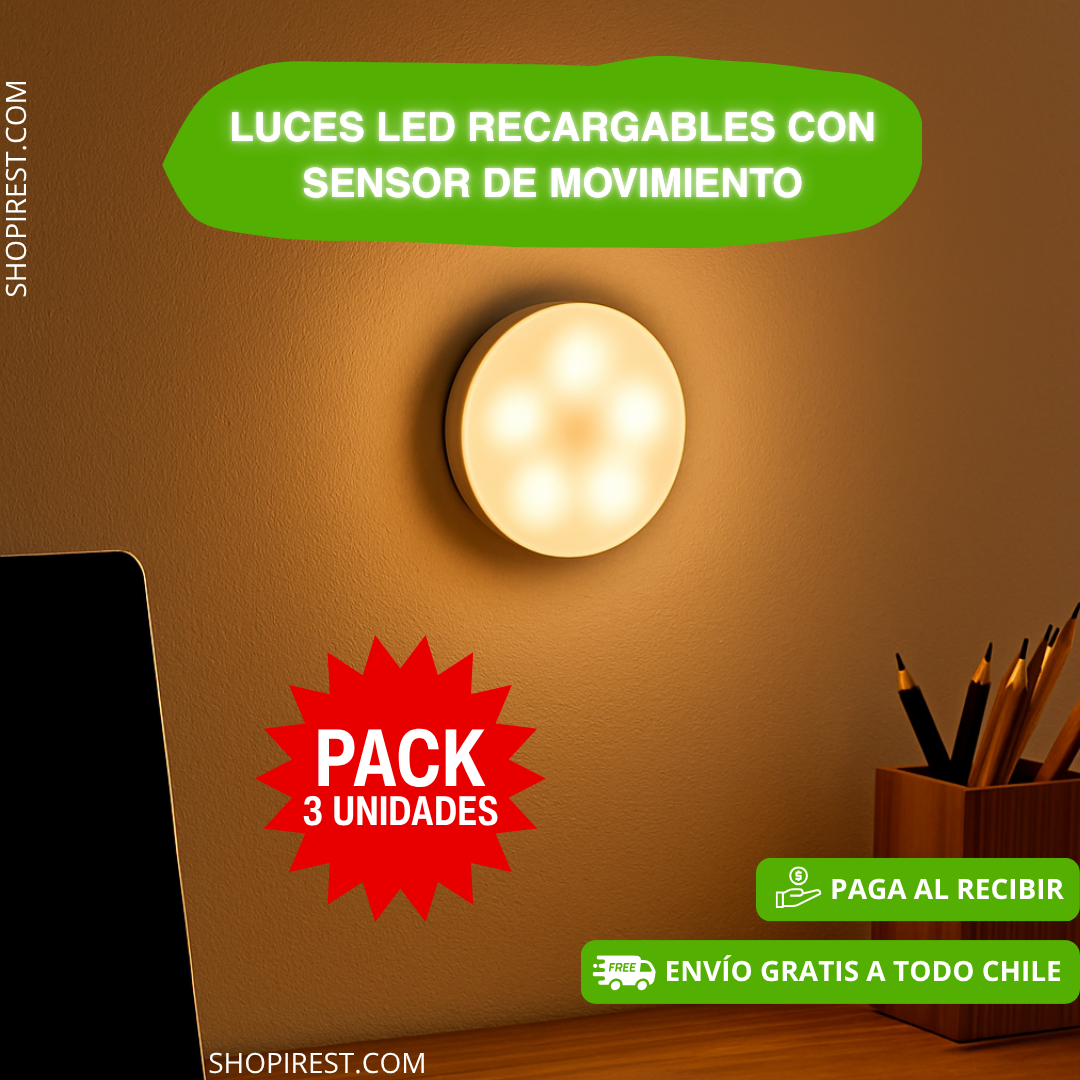 Pack de 3 Luces LED Recargables con Sensor de Movimiento – Shopirest